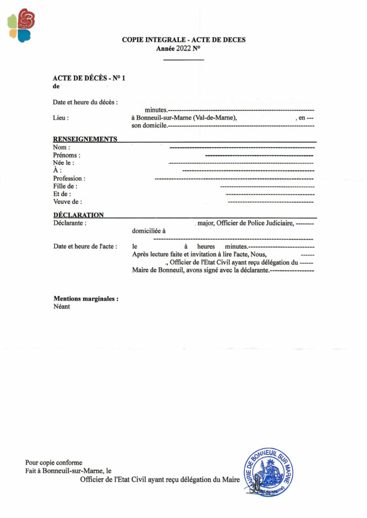 Acte de décès - Pompes Funèbres LOIC - Services funéraires 94